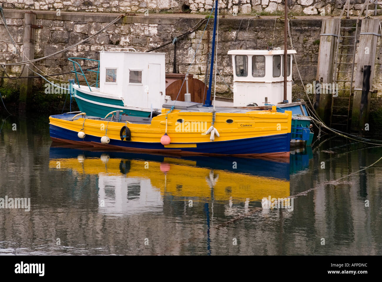 Traditional wooden boats in Carnlough Harbour Co Antrim North Stock ...