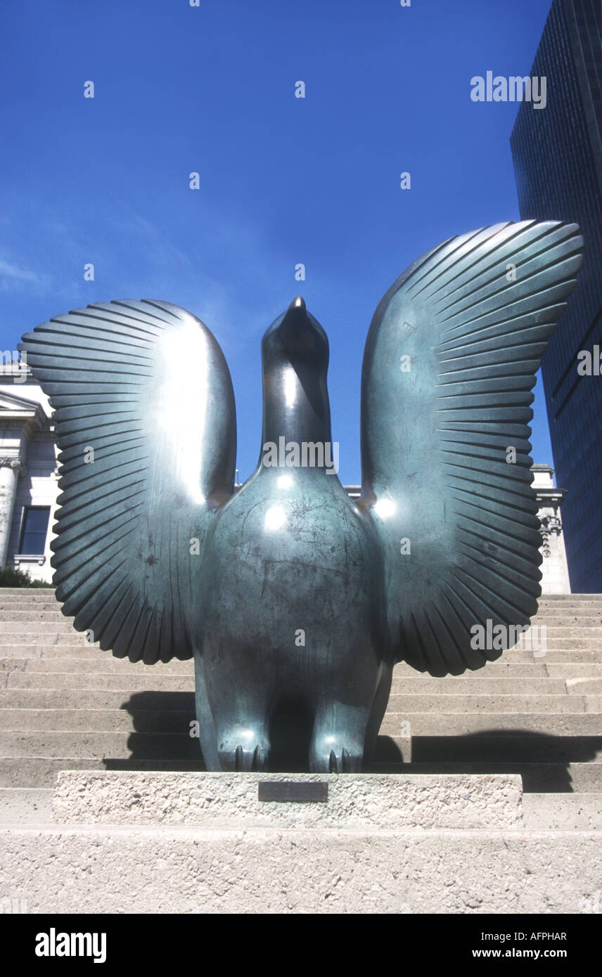 Bronze "bird of Spring" statue in Robson Square, downtown Vancouver ...
