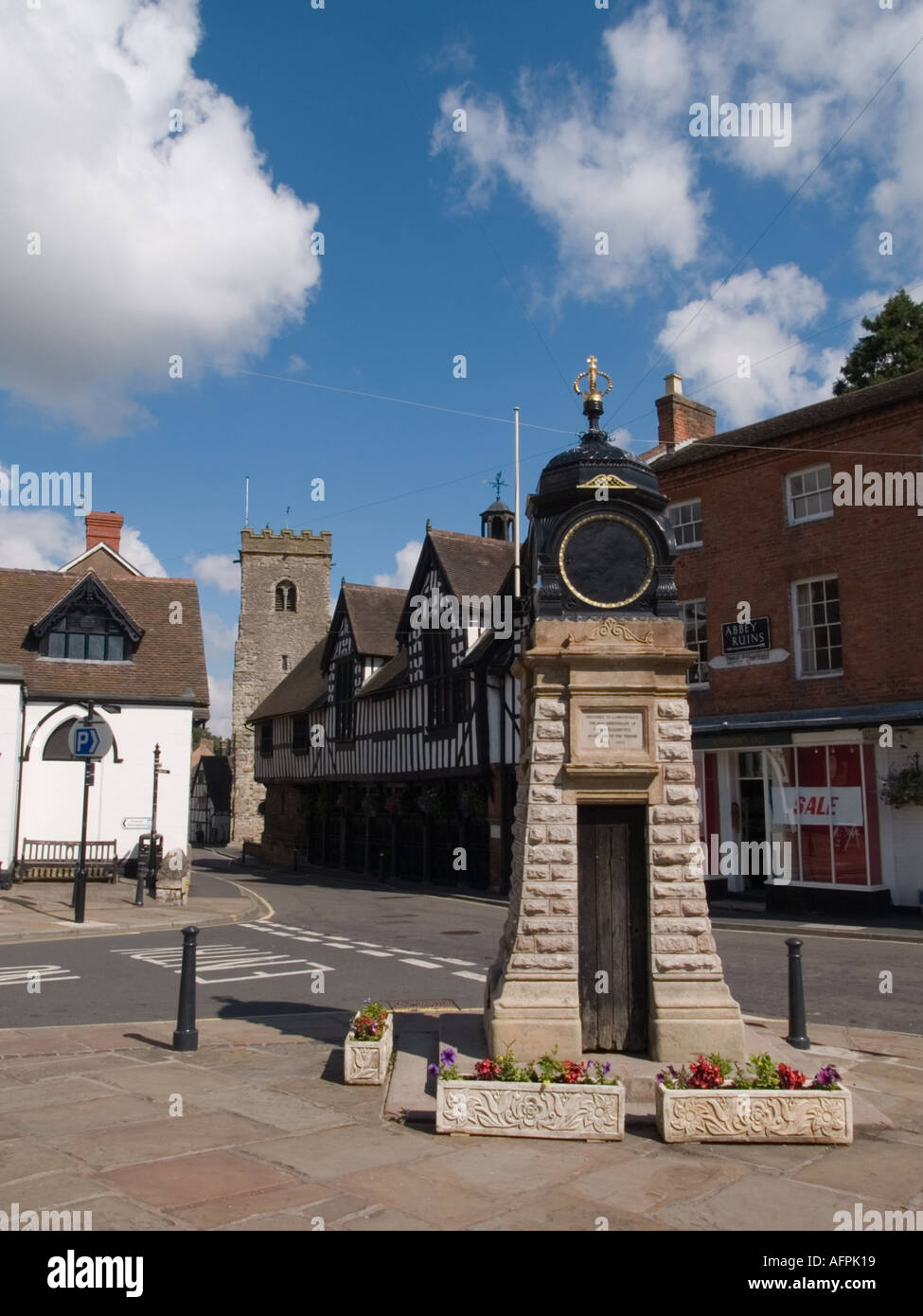 TOWN SQUARE and MEMORIAL CLOCK TOWER Much Wenlock Shropshire England UK ...