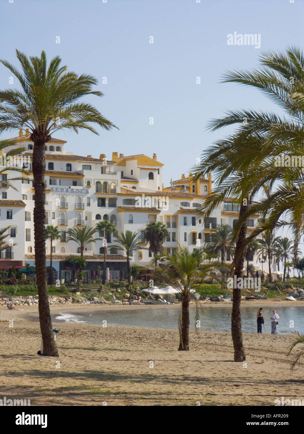 Palm tree beach at Benabola Puerto Banus Costa del Sol with Arabic ...