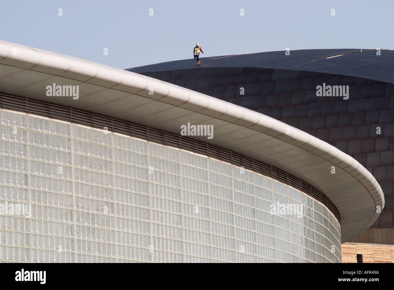 Construction worker Millenium Centre roof with UCI cinema complex in ...