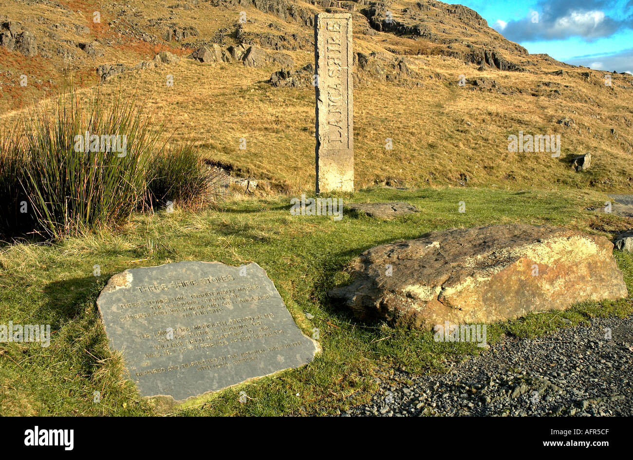 The Three Shires Stone at the top of Wrynose Pass between the Duddon ...
