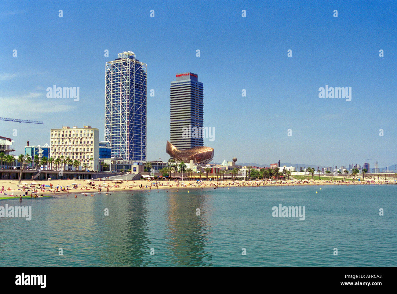 Overview of Playa de la Barceloneta beach in central Barcelona, Spain ...