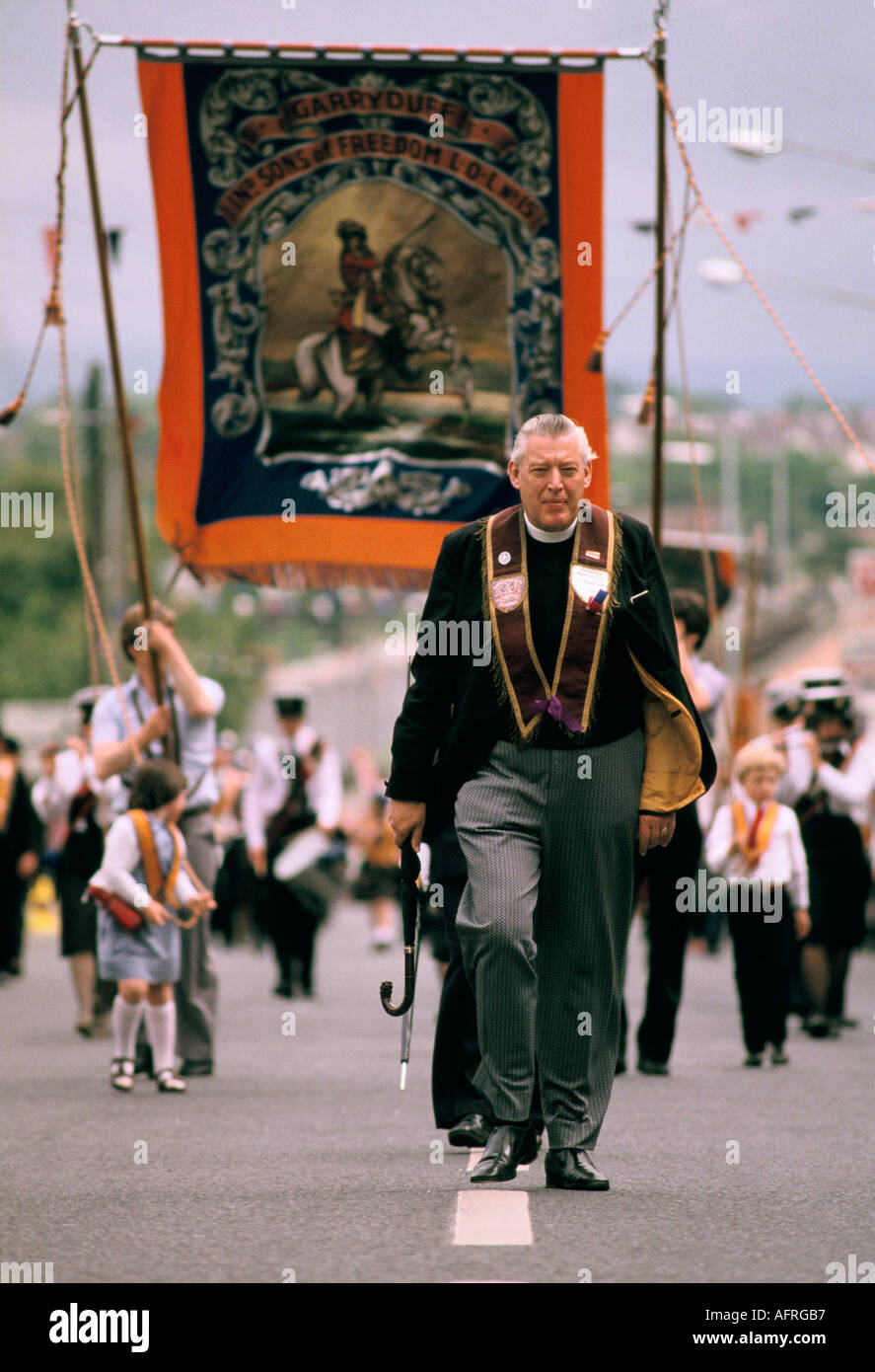 Rev Ian Paisley Balleymoney Orange Day Parade, he is wearing an ...