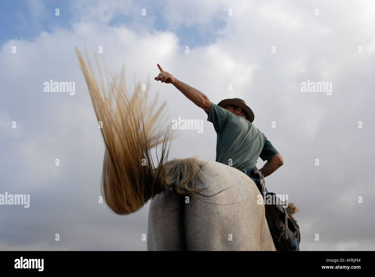 An Israeli cattle rancher wearing a pistol mounted on a horse in the ...