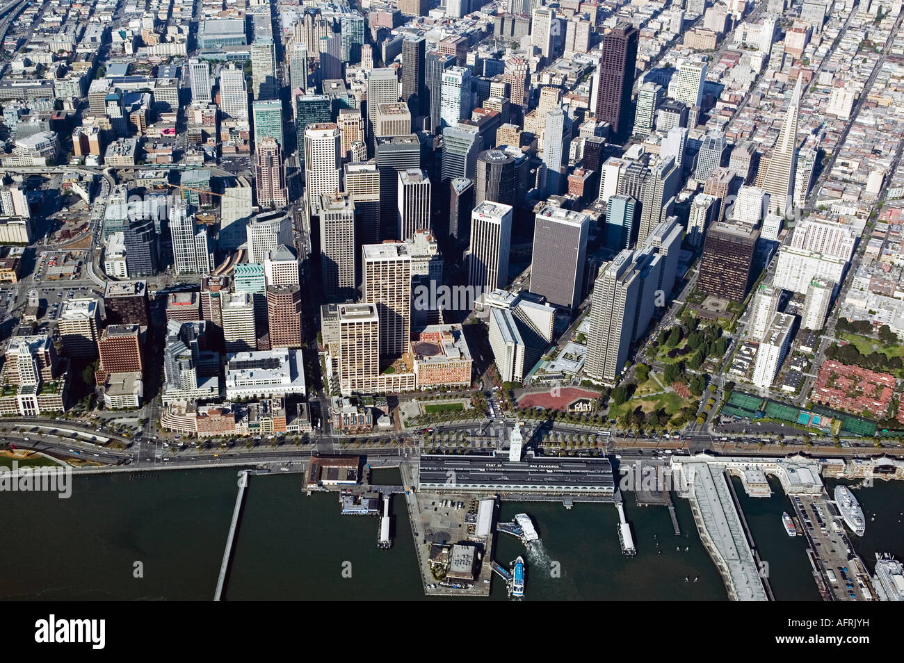 aerial view above San Francisco waterfront with Ferry building ...