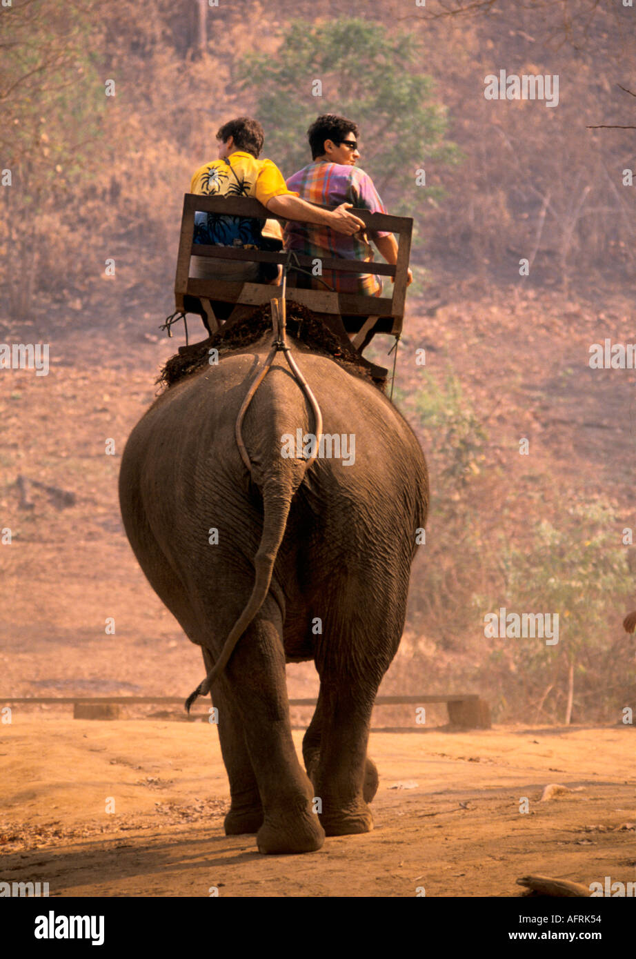 European tourists enjoy riding elephants in a tourist Elephant Park in ...