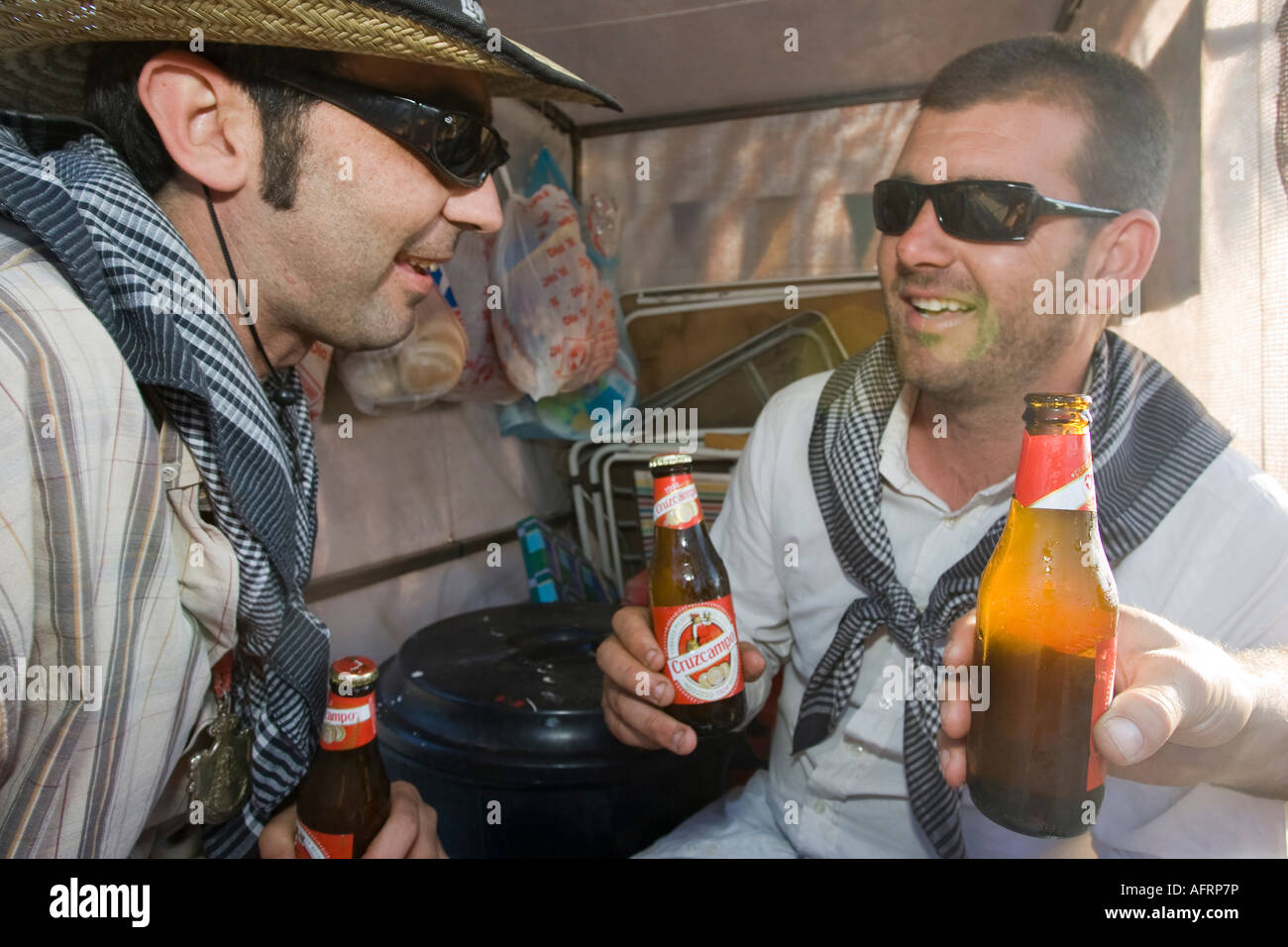 Villamanrique pilgrims drinking beers Stock Photo - Alamy