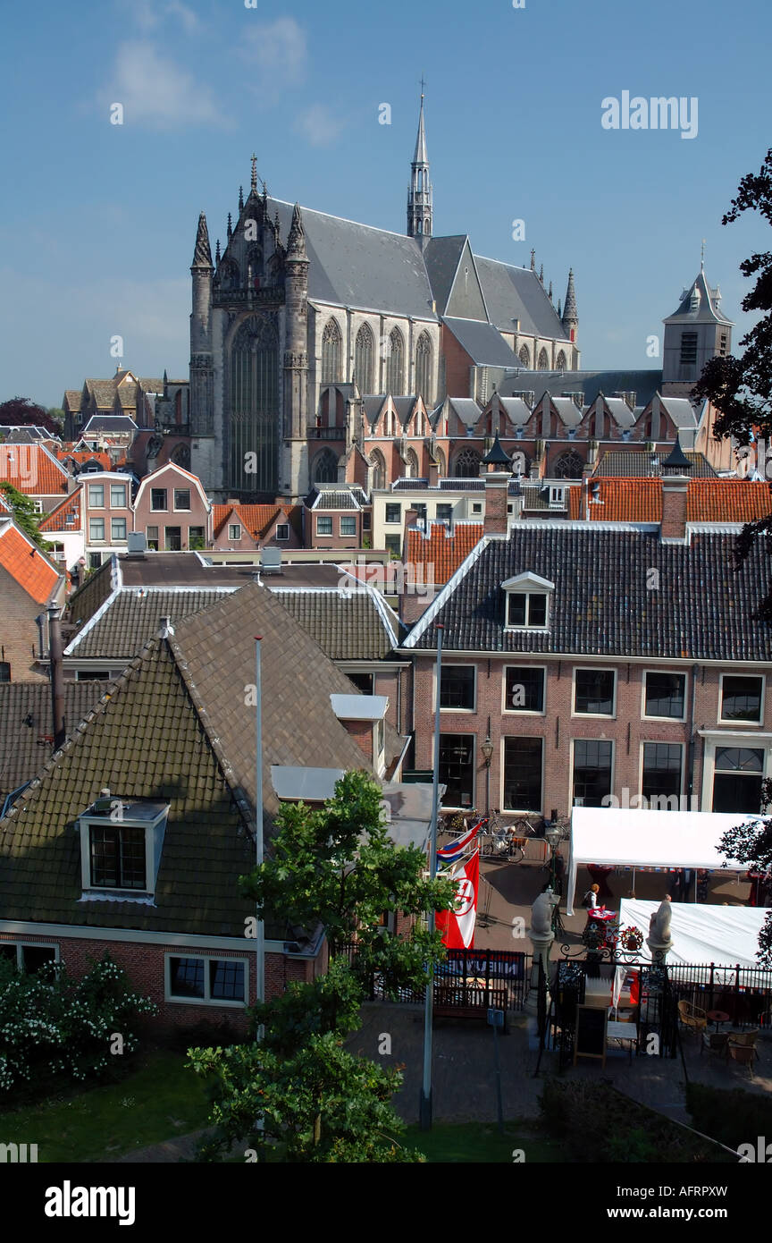 View over the old town of Leiden including the massive Hooglandsekerk ...