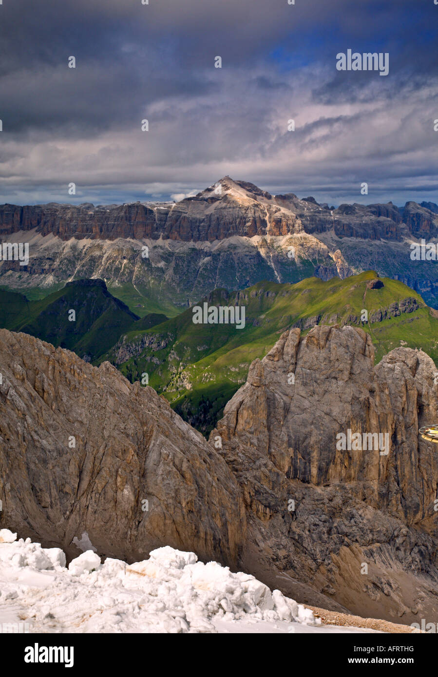 Sella Massif and Piz Boe from the summit of the Marmolada, Dolomites ...