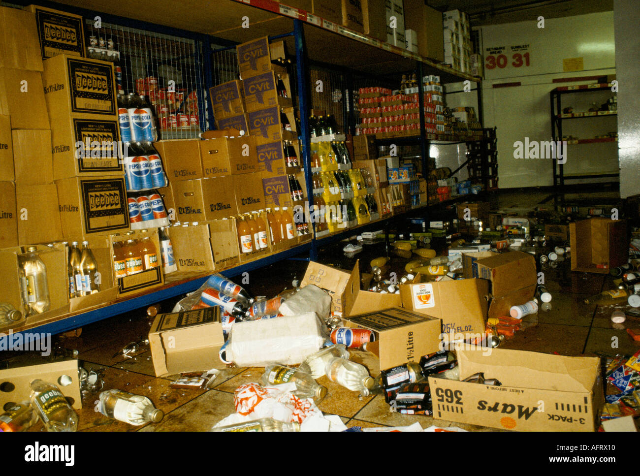 Toxteth Riot, UK 1981 A looted local supermarket wine and drinks area ...
