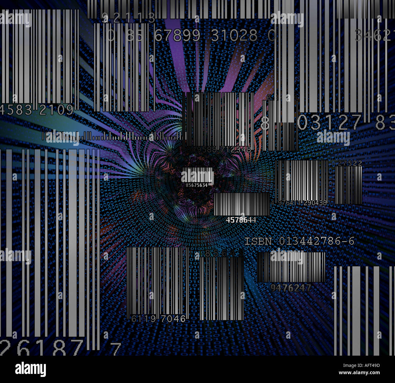 Grey bar codes against background of violet and blue streaks Stock ...