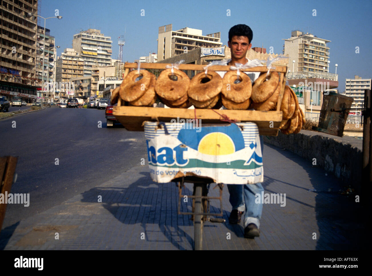 Beirut Lebanon Jinah District Man Selling Lebanese Street Bread (Kaak ...