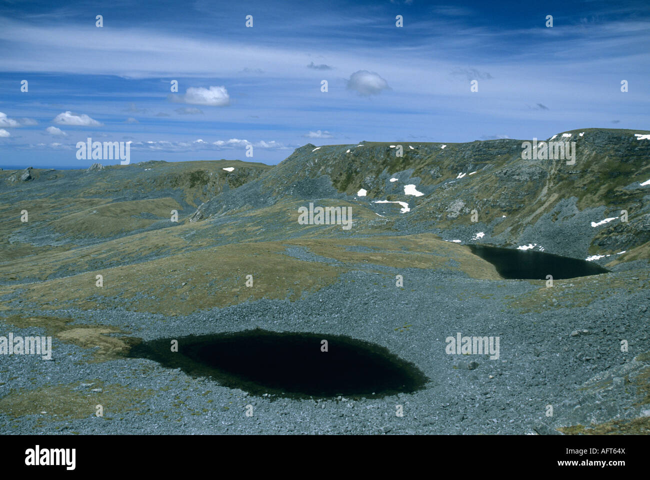 East Falkland, Mt. Usborne, glacially carved tarns below cirque ...