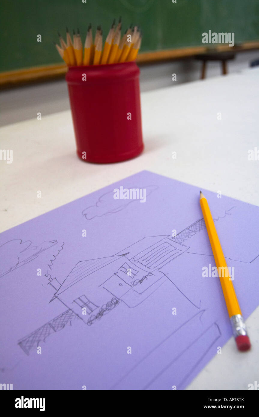 A close up of a drawing in an elementary Art classroom with pencils on ...