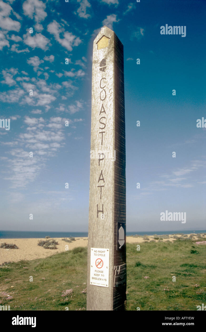 A Coast Path sign at Cogden Beach National Trust reserve, Chesil Beach ...
