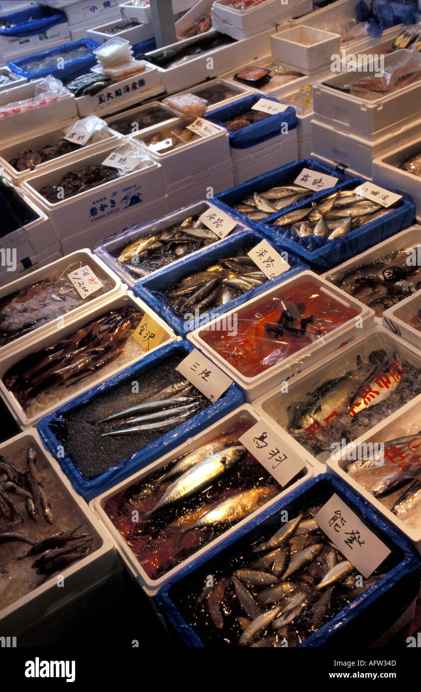Fresh seafood for sale at Tsukiji Fish Market Tokyo Japan Stock Photo ...