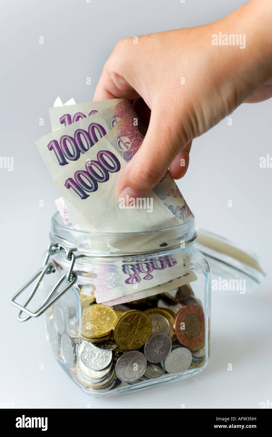 czech paper money - savings in a jar Stock Photo - Alamy