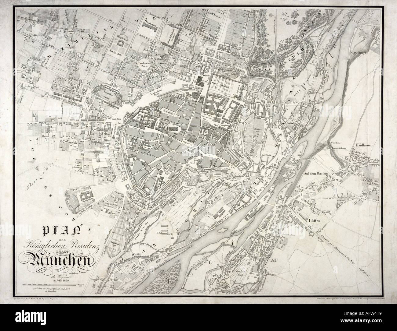 cartography, city maps, Germany, Munich, engraving by A.Edler after ...
