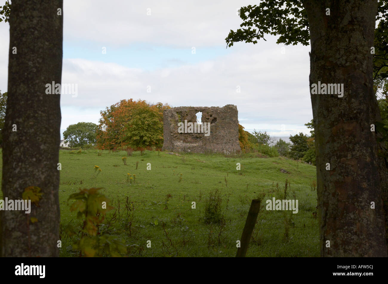 old abandoned ruined carra castle building in farmland between trees ...