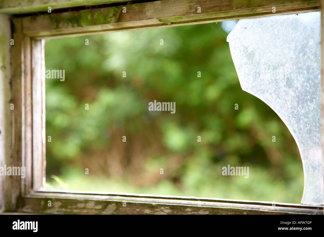 broken window pane in weathered wooden frame looking out of abandoned ...