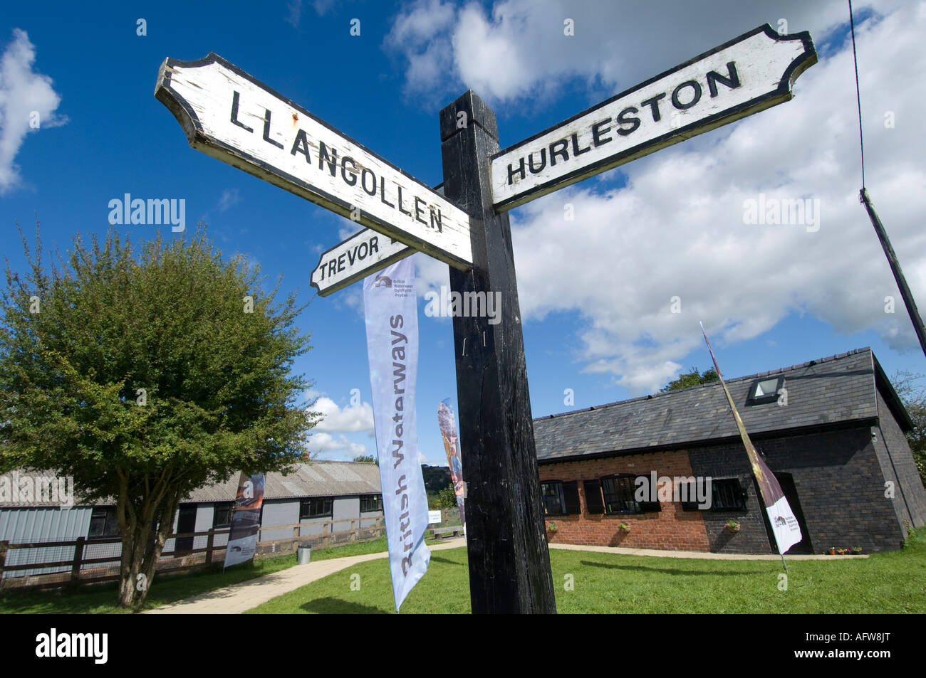 Signpost on the Llangollen Canal inland waterway at the Trevor Basin by ...