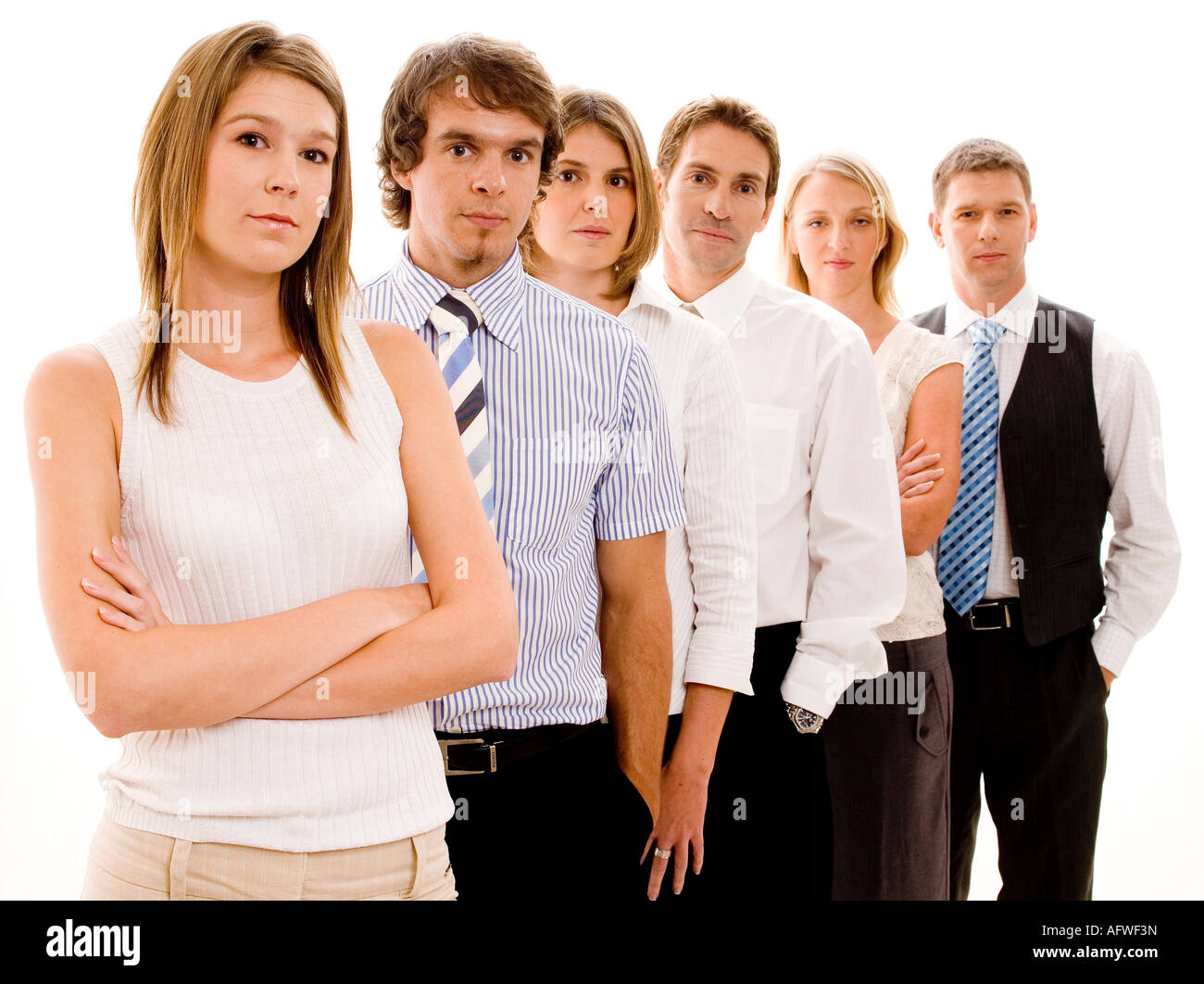 Six Business People in a Line Looking Serious Stock Photo - Alamy