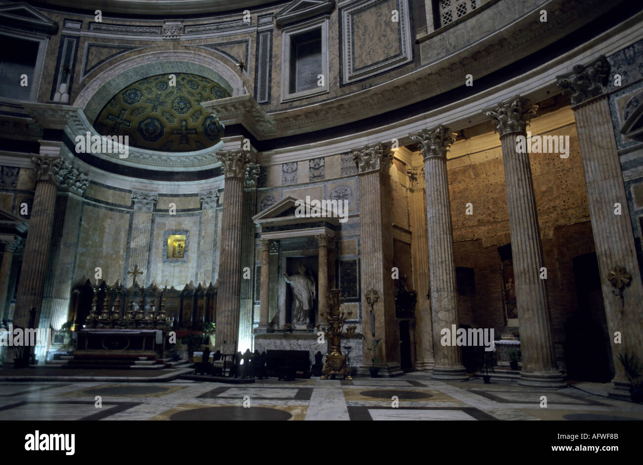 Statues, ornate columns and paintings inside the Pantheon, Rome, Italy ...