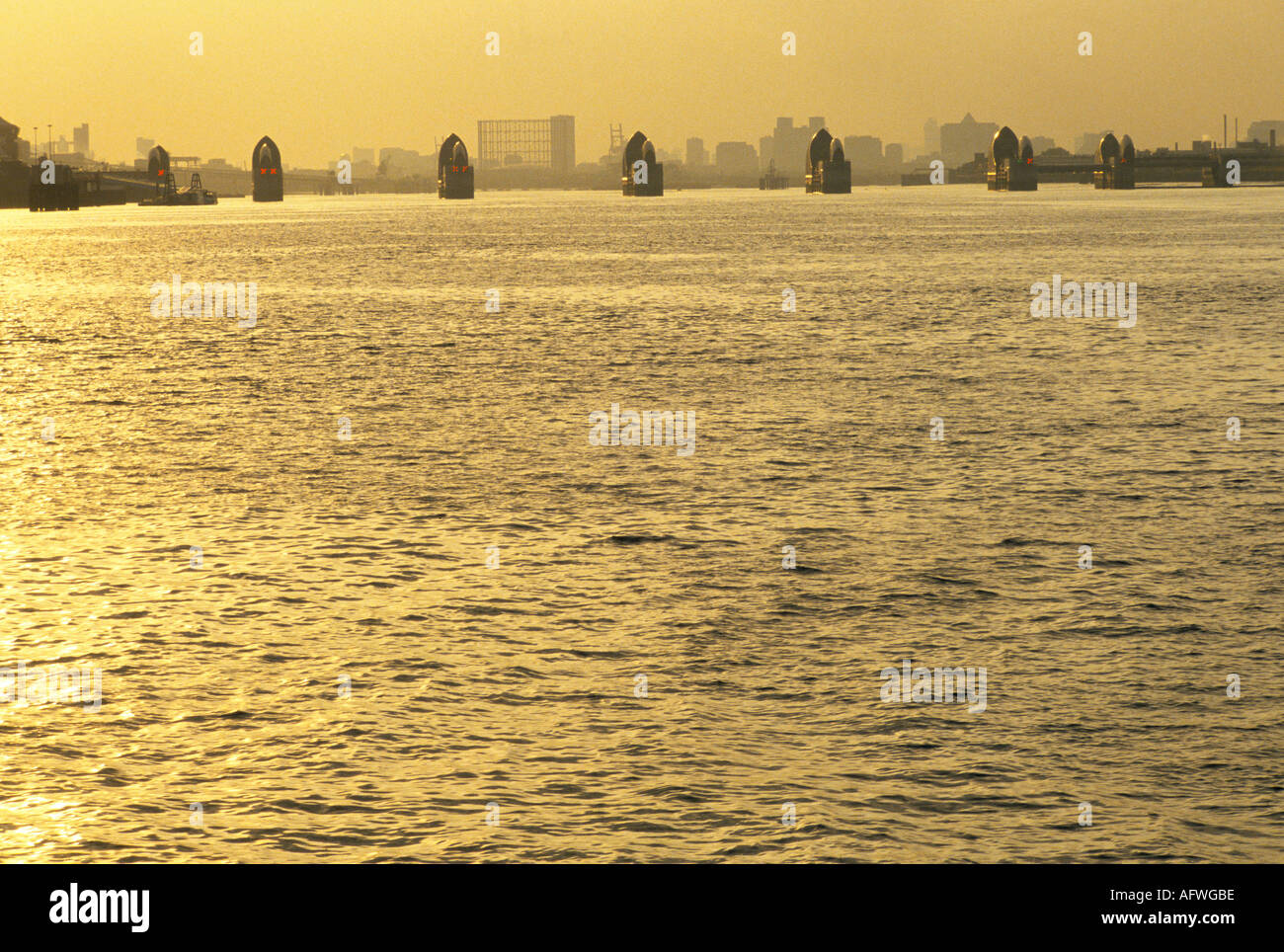 Thames Barrier open flood barrier building east London UK . View ...