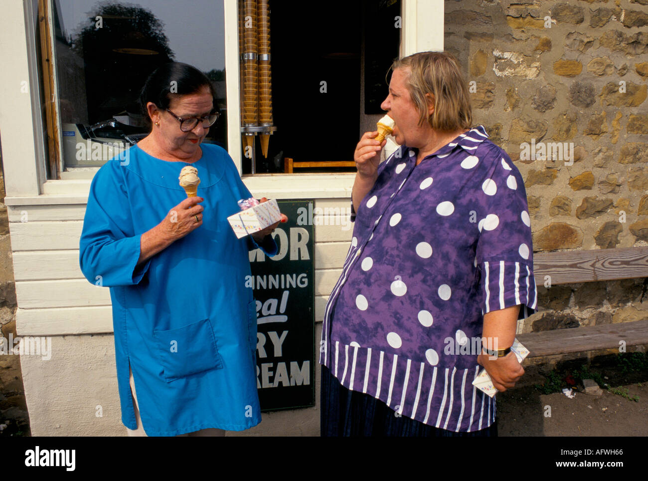 Two Fat Ladies TV chefs eat ice cream filming the BBC2 cooking program ...