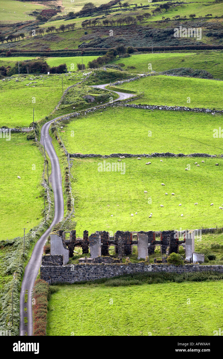 windy country lane road leading down to torr head past abandoned custom ...