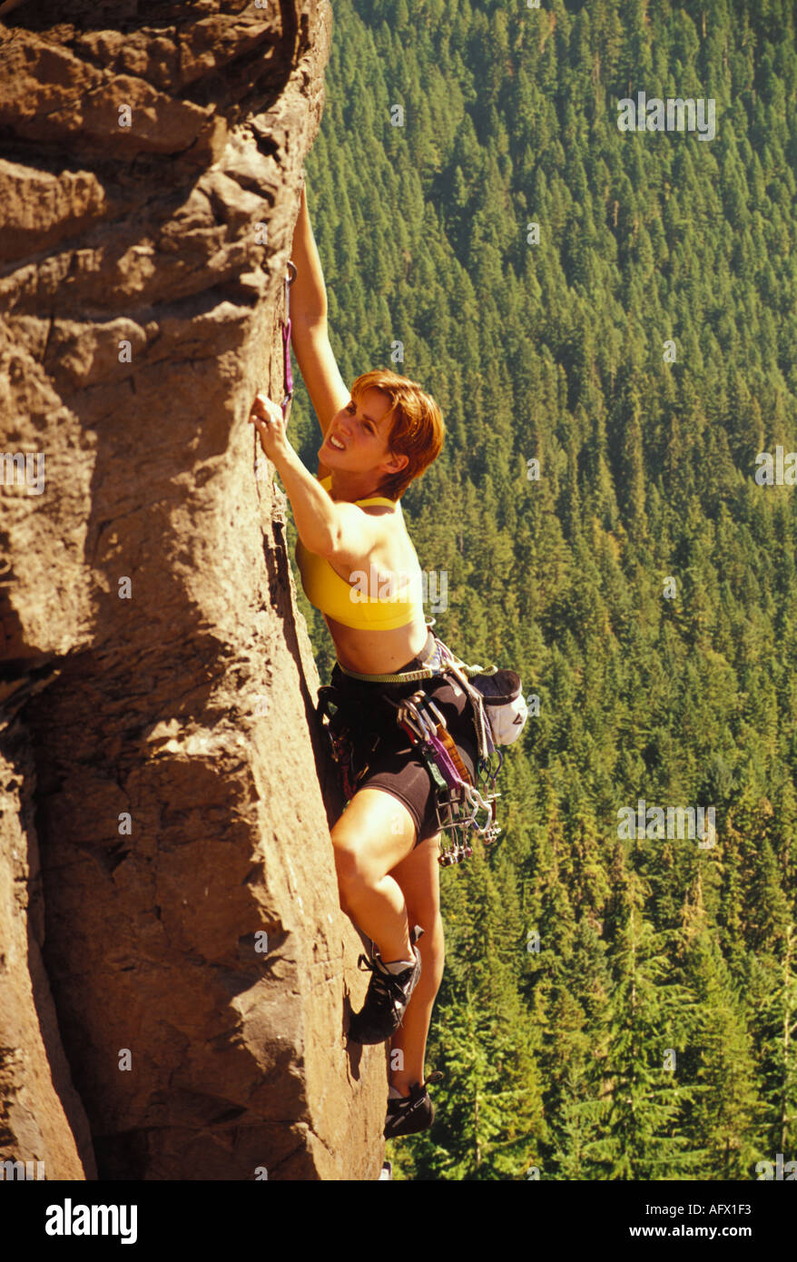 A woman climbs a vertical rock face high above timberland Stock Photo ...