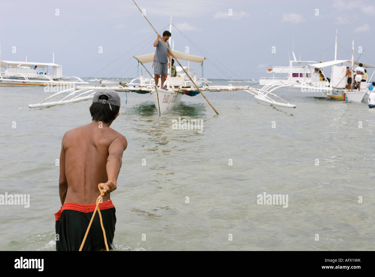 Philippines Young Filipino Man Pulling Dingy Boat Cebu Island Visayas ...
