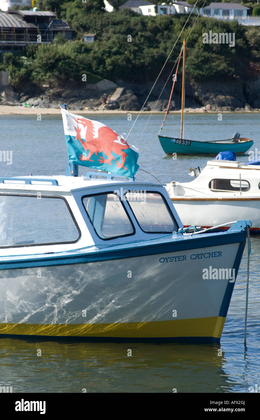 small boat flying welsh flag at anchor in the harbour marina Abersoch ...