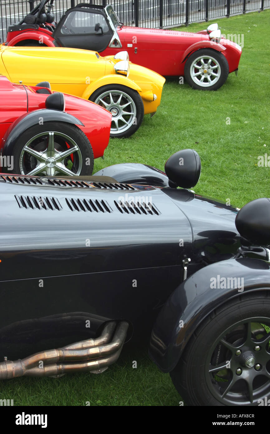 row of Westfield and Caterham sportscars on display at a car show Stock ...