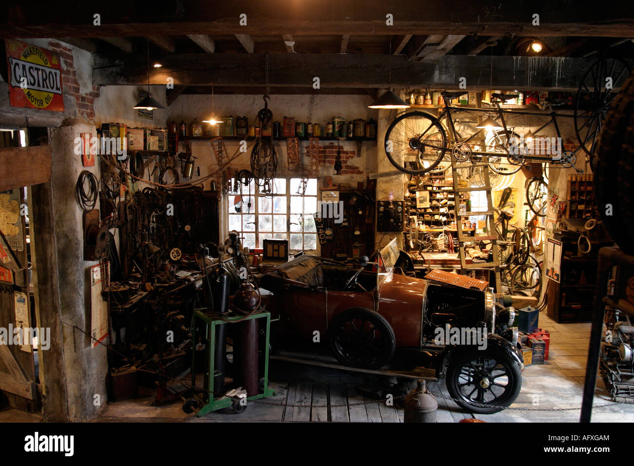 A 1920s recreated mechanics workshop in Beaulieu in Hampshire Stock ...