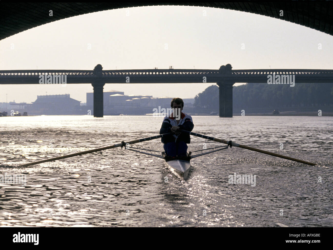Colin Moynihan MP, British Shadow Sports Minister rowing canoe on river ...