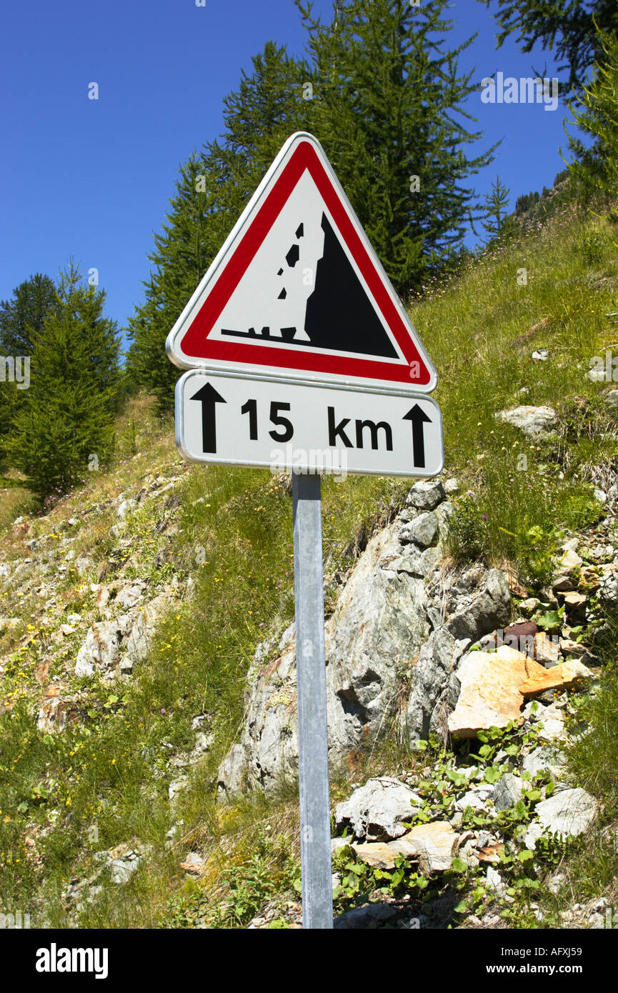 Road sign, rock falling. French warning sign of a hazard ahead ...