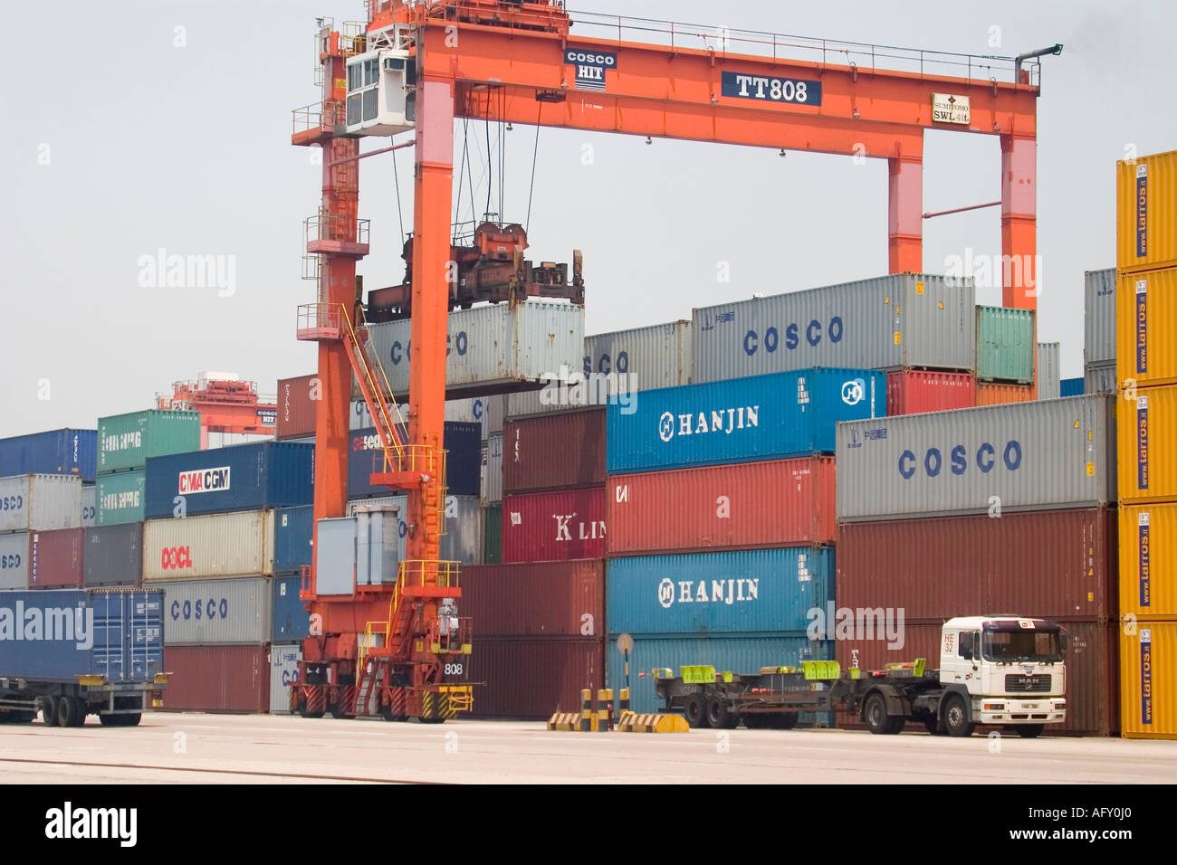 Container Yard heavy lift crane loads container onto waiting truck Kwai ...