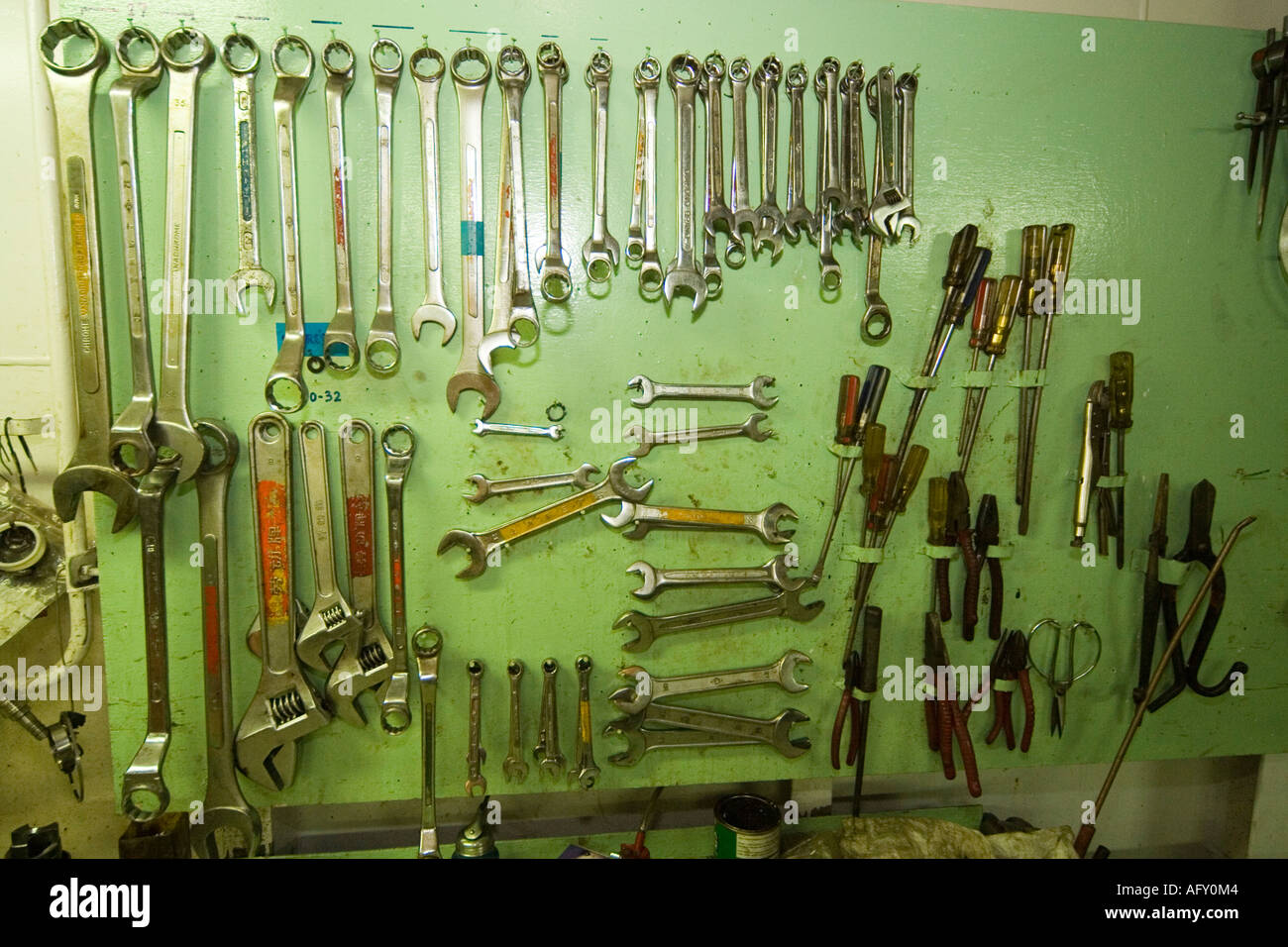 Tool on peg board in ship repair room of container ship repair ...