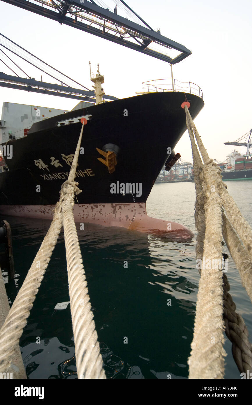 Container ship mooring lines and bow of ship view of Hong Kong Kwai ...