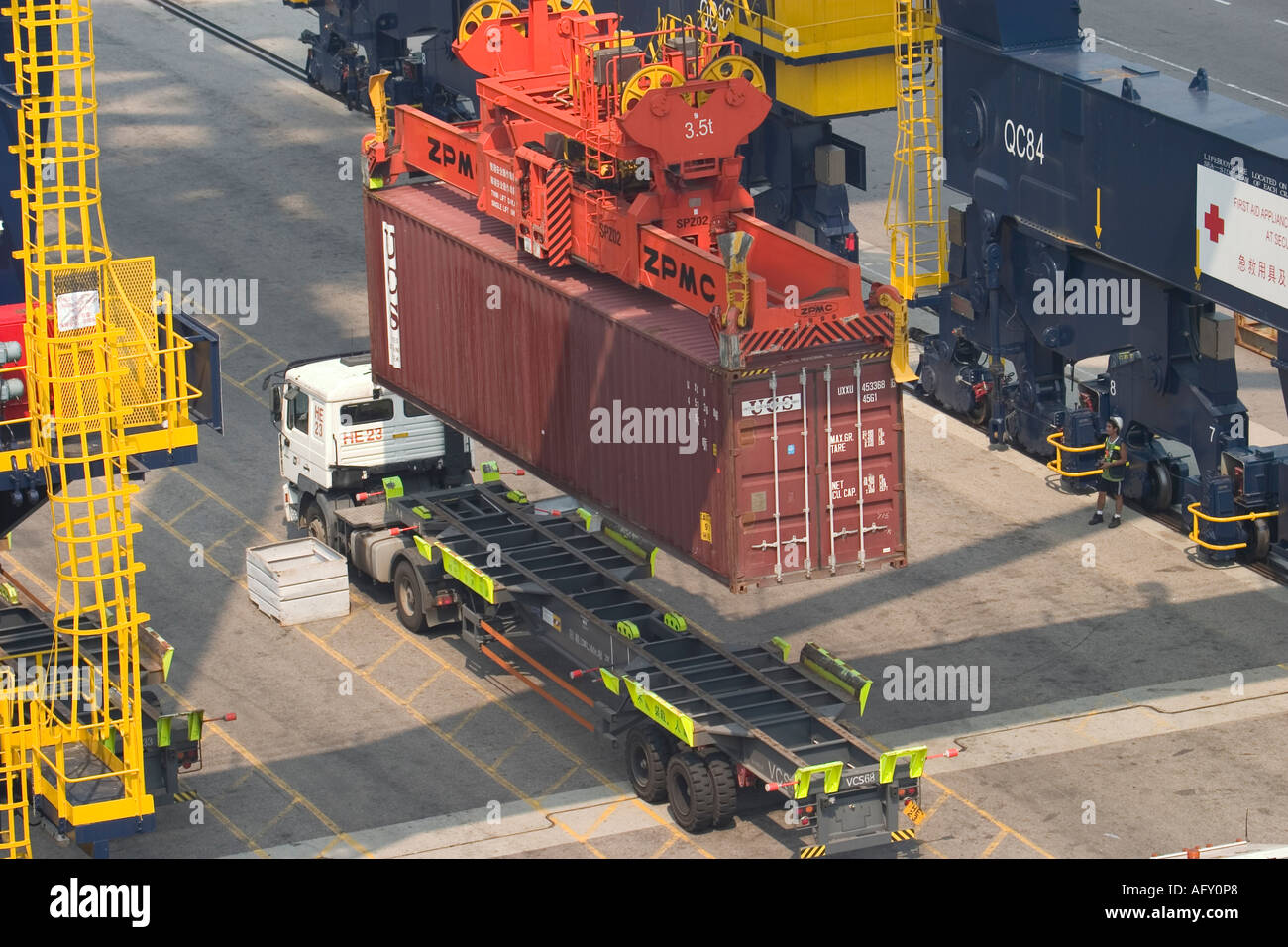 Container ship heavy lift crane loading truch with 40' container Stock ...
