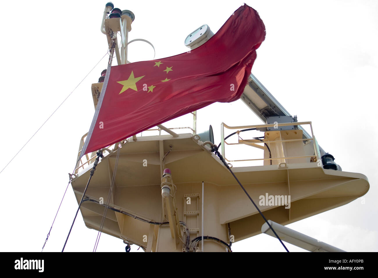 Crows nest of container ship with chinese flag and radar Stock Photo ...