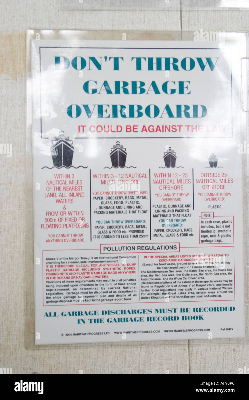 Sign on container ship cabin wall warning of laws for garbage disposal ...