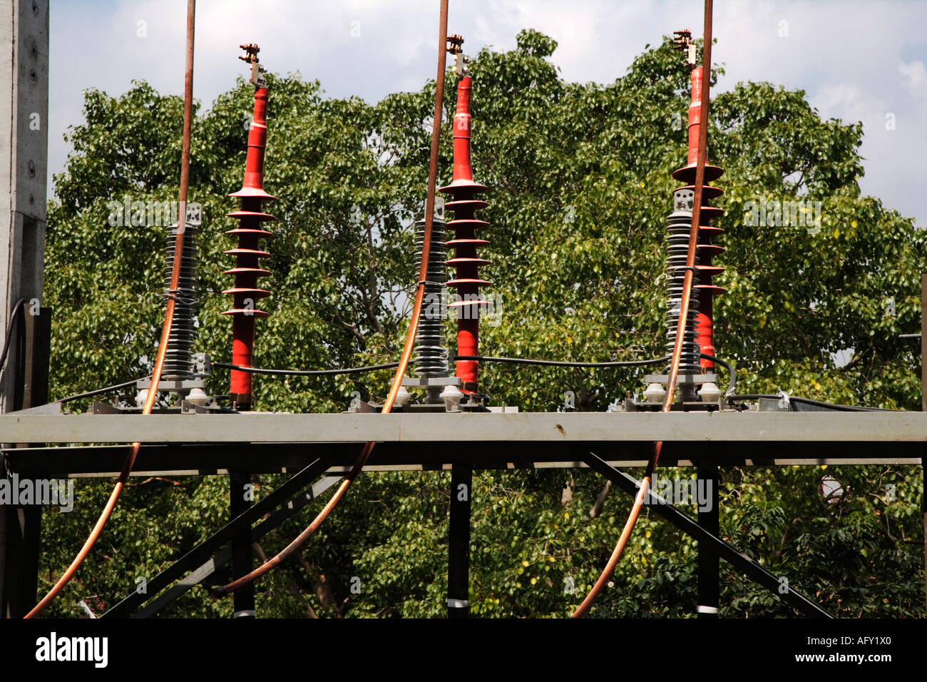Red electrical insulators and wires (power line components), Bangkok ...