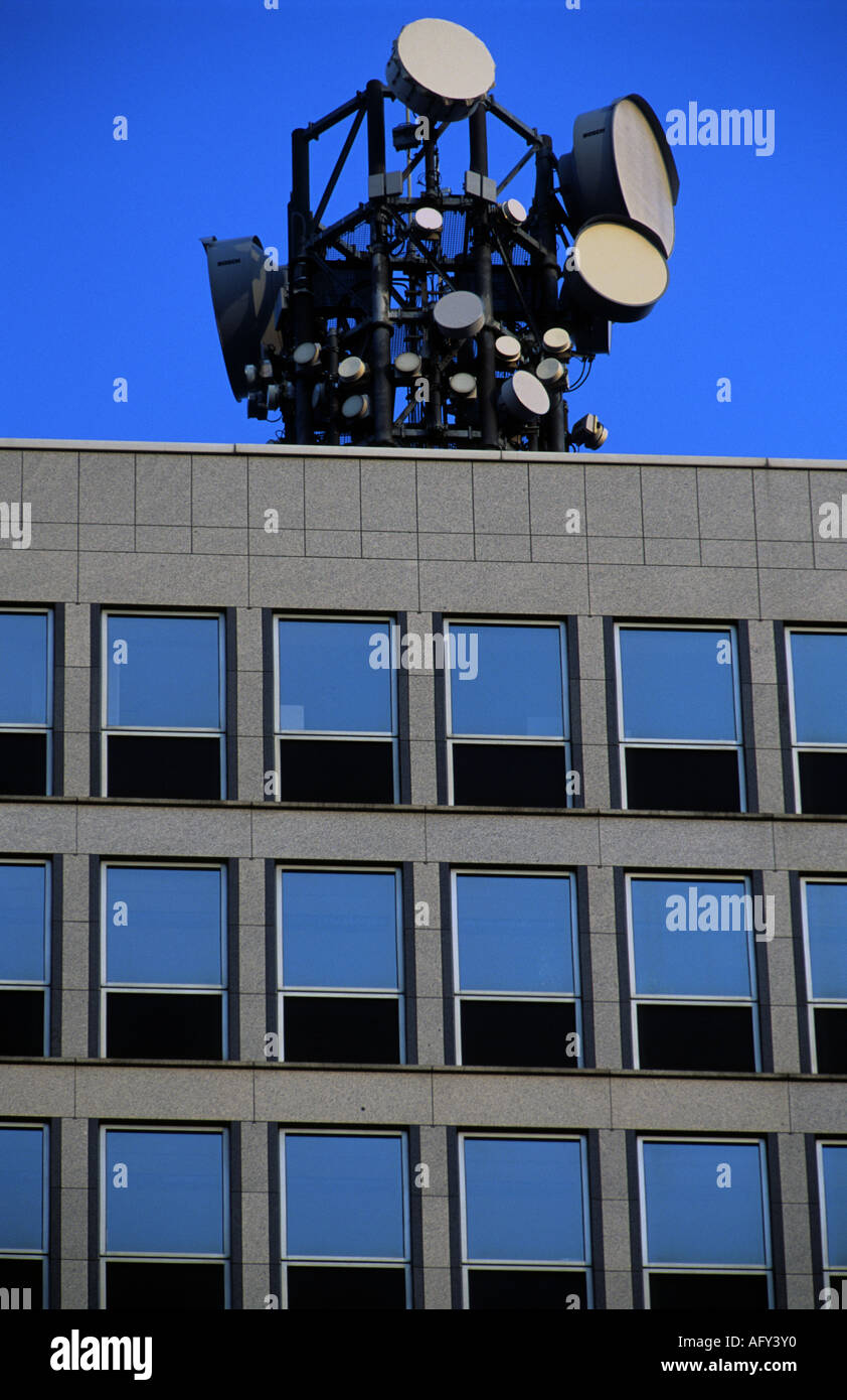 Satellite communication dishes on top of an office block, Essen, North ...