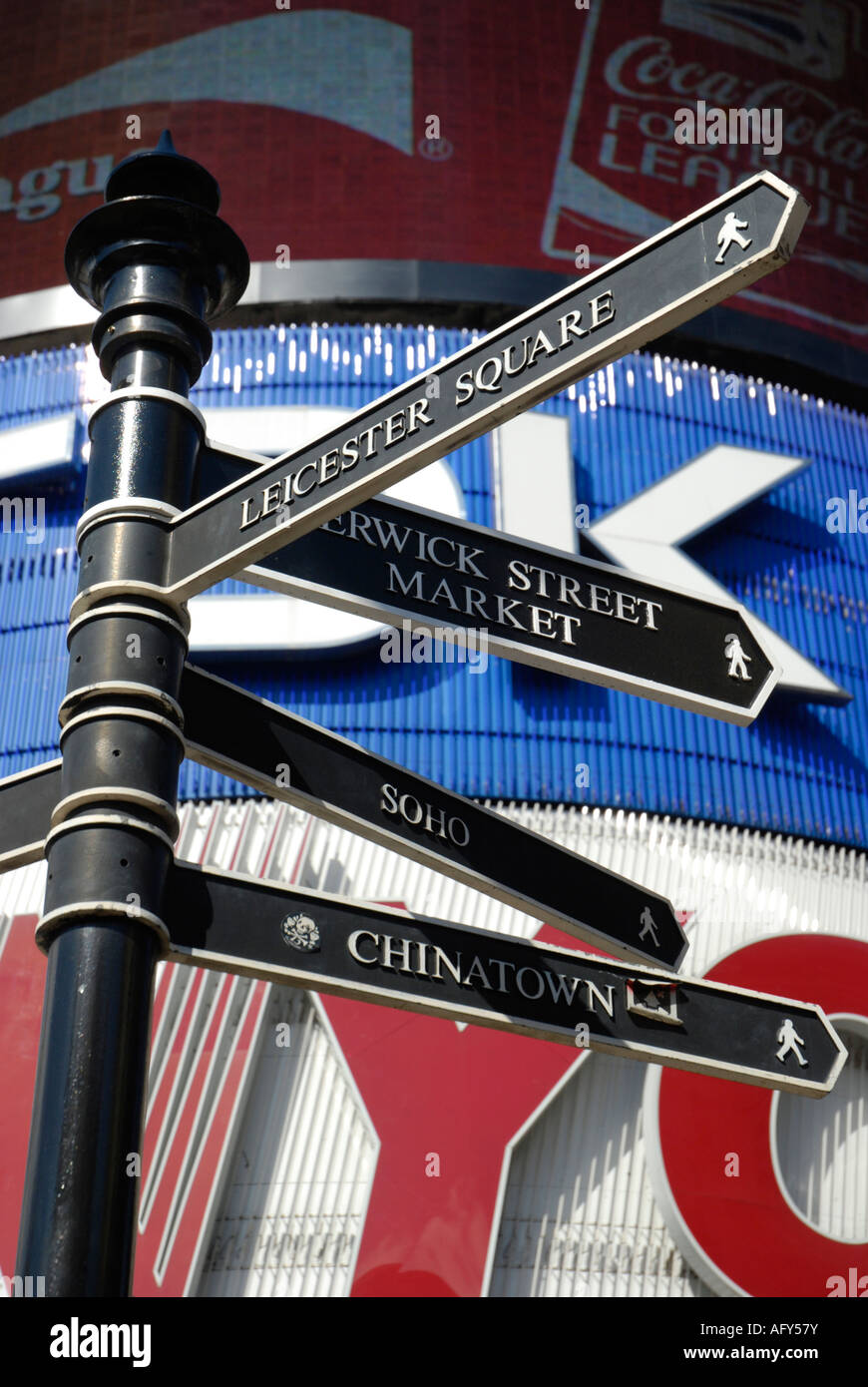 Pedestrian signposts against advertisements in Piccadilly Circus London ...