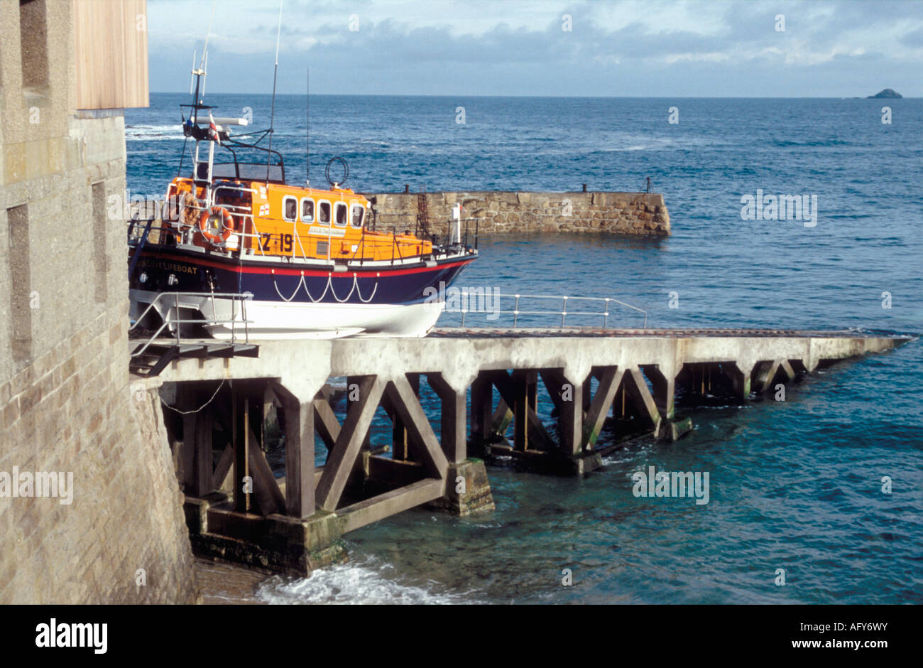 RNLI British Mersey lifeboat on slipway Sennen Cove Cornwall Stock ...
