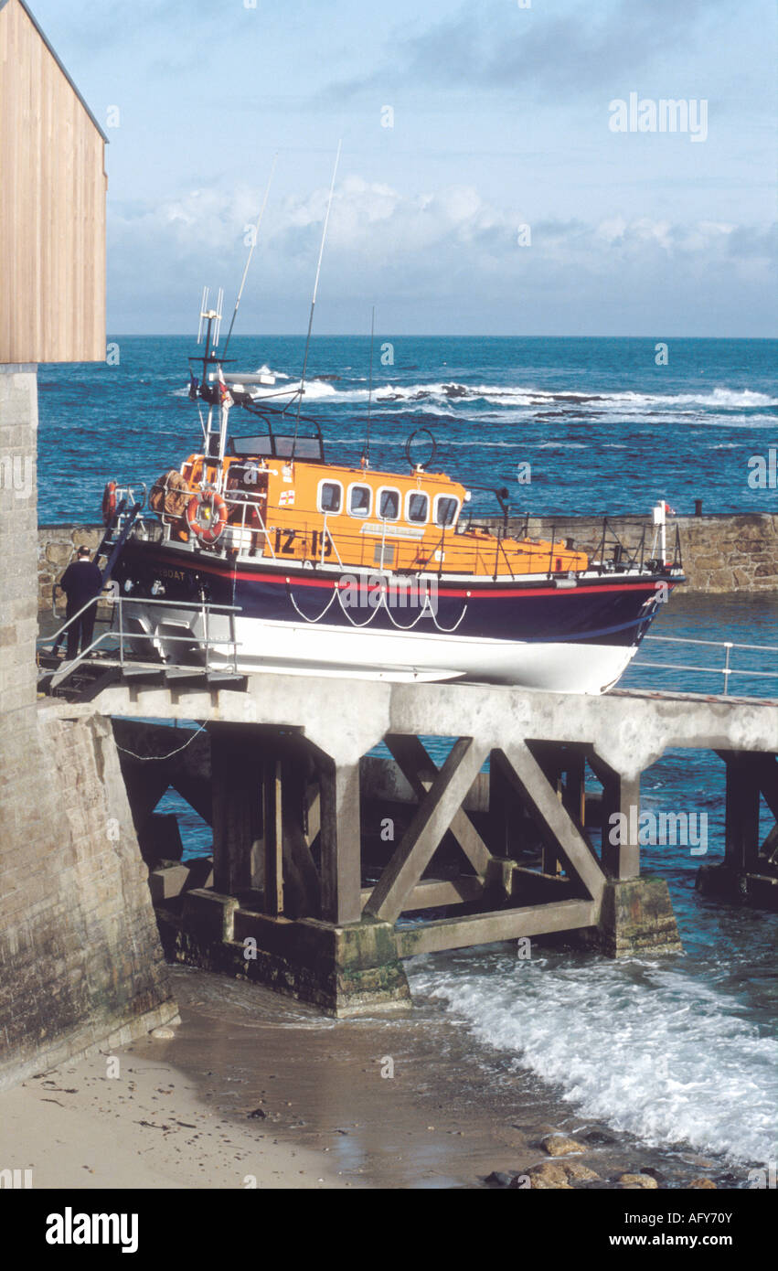 RNLI British Mersey lifeboat on slipway Sennen Cove Cornwall Stock ...