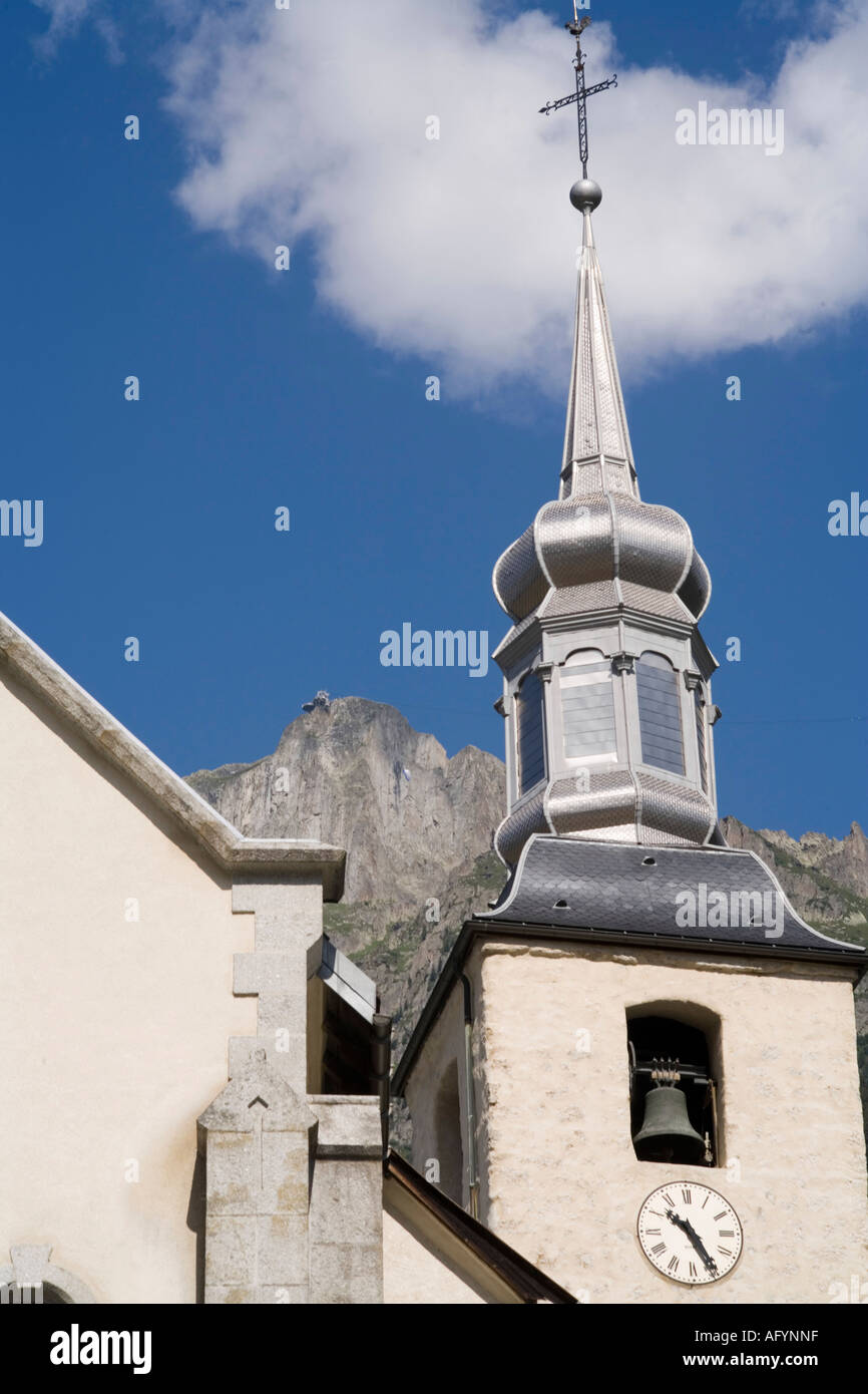 little alpine church tower. Chemonix, France Stock Photo - Alamy